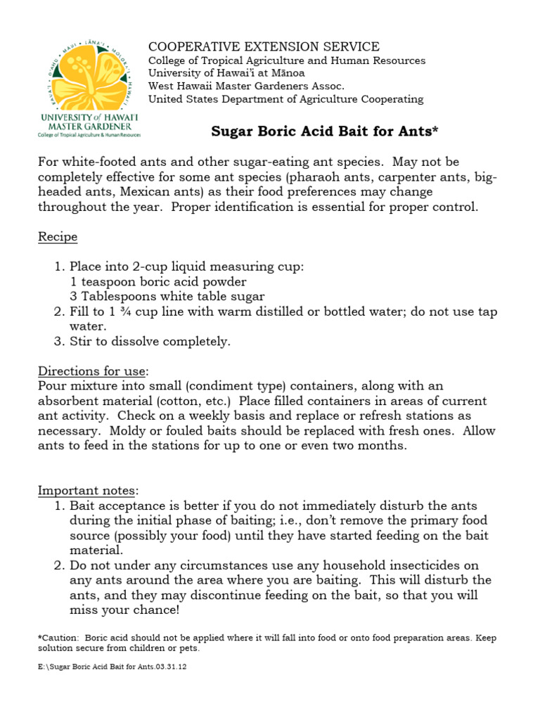 Sugar Boric Acid Ant Bait Recipe | PDF
