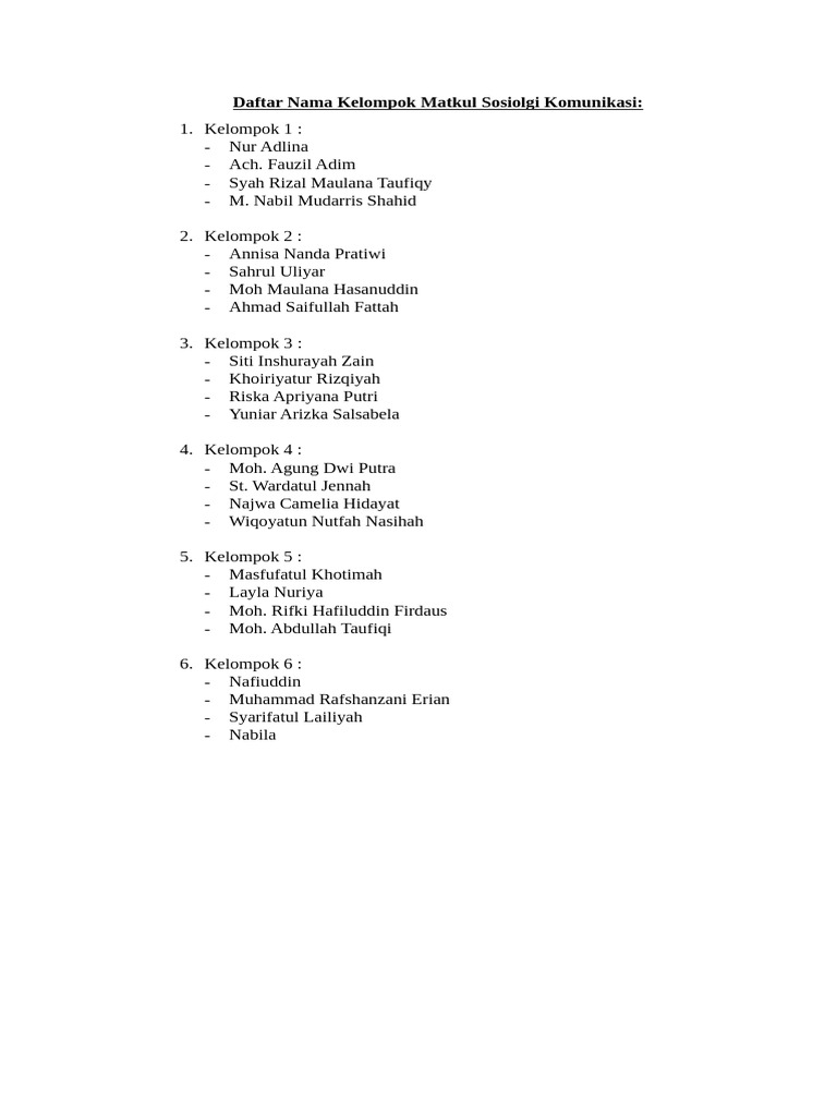 Daftar Nama Kelompok Matkul Sosiolgi Komunikasi | PDF