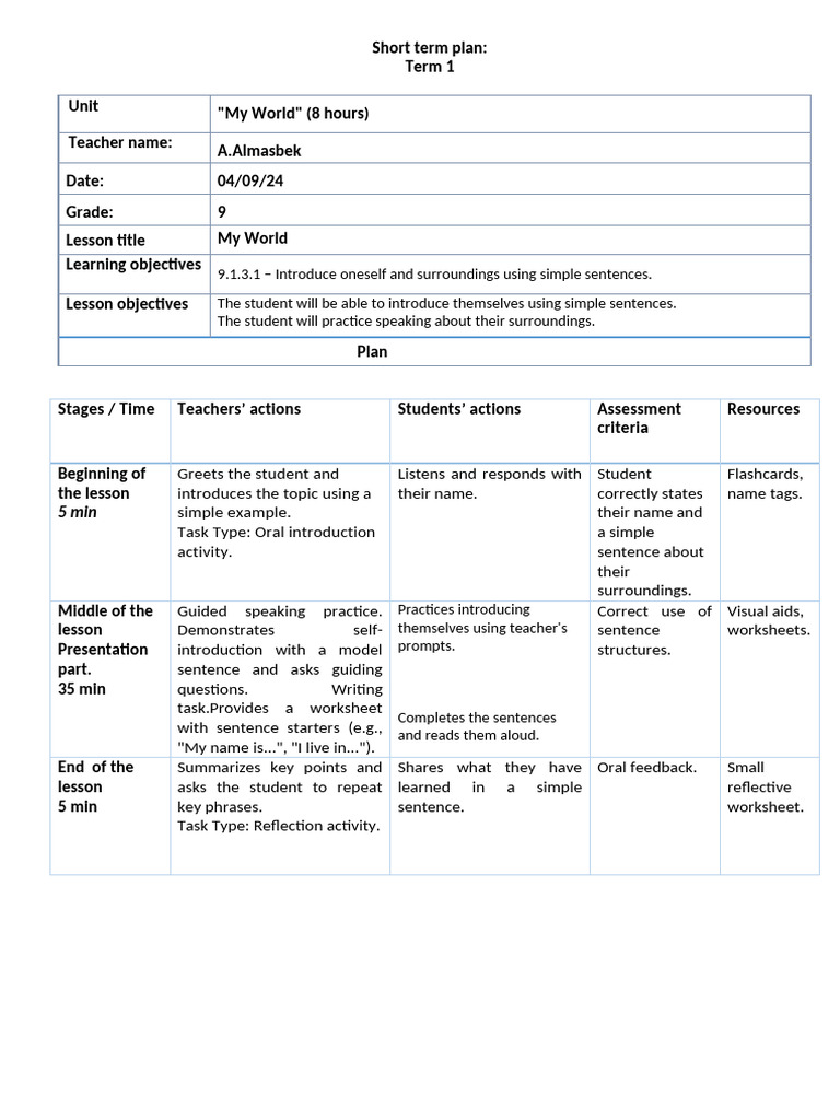 Short term plan 9 на дому | PDF | Teachers | Vocabulary