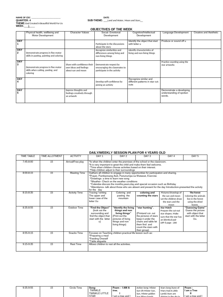 Weekly Activity Plan for Preschoolers | PDF | Aesthetics | Language ...