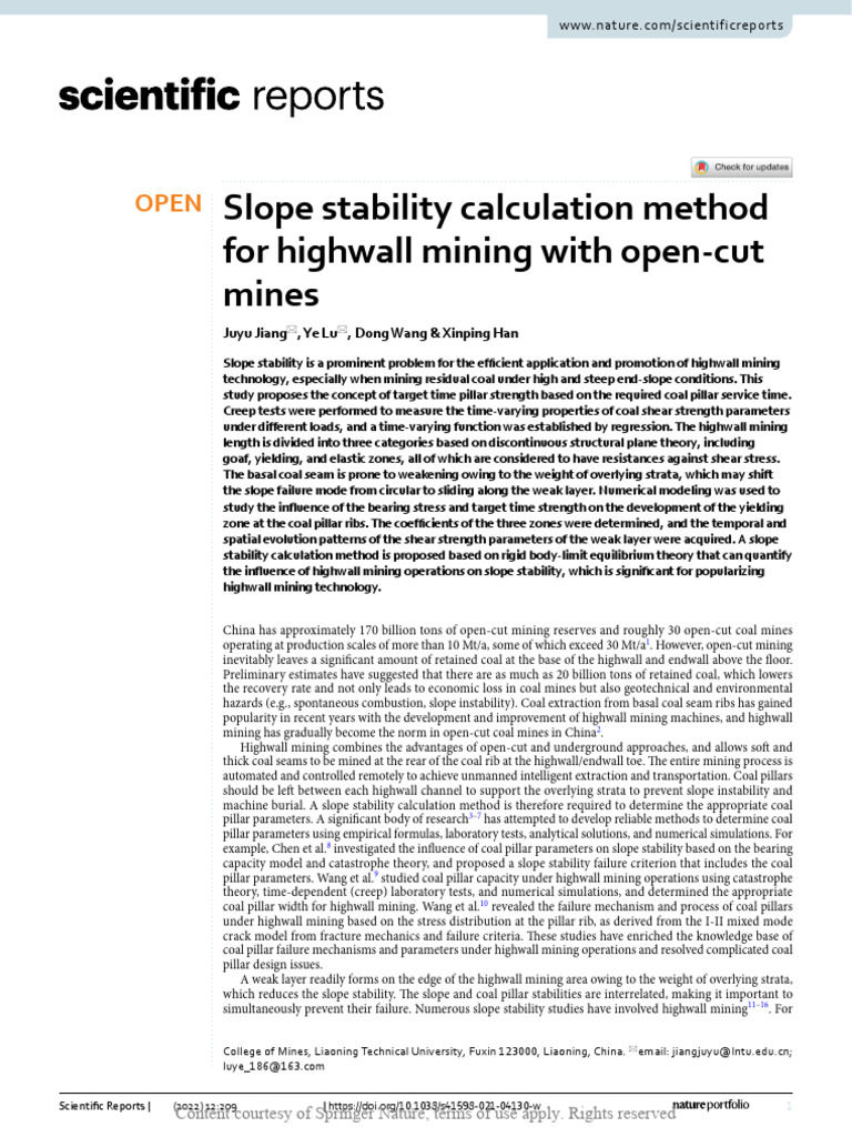 Slope Stability Calculation Method For Highwall Mi | PDF | Strength Of Materials | Coal Mining