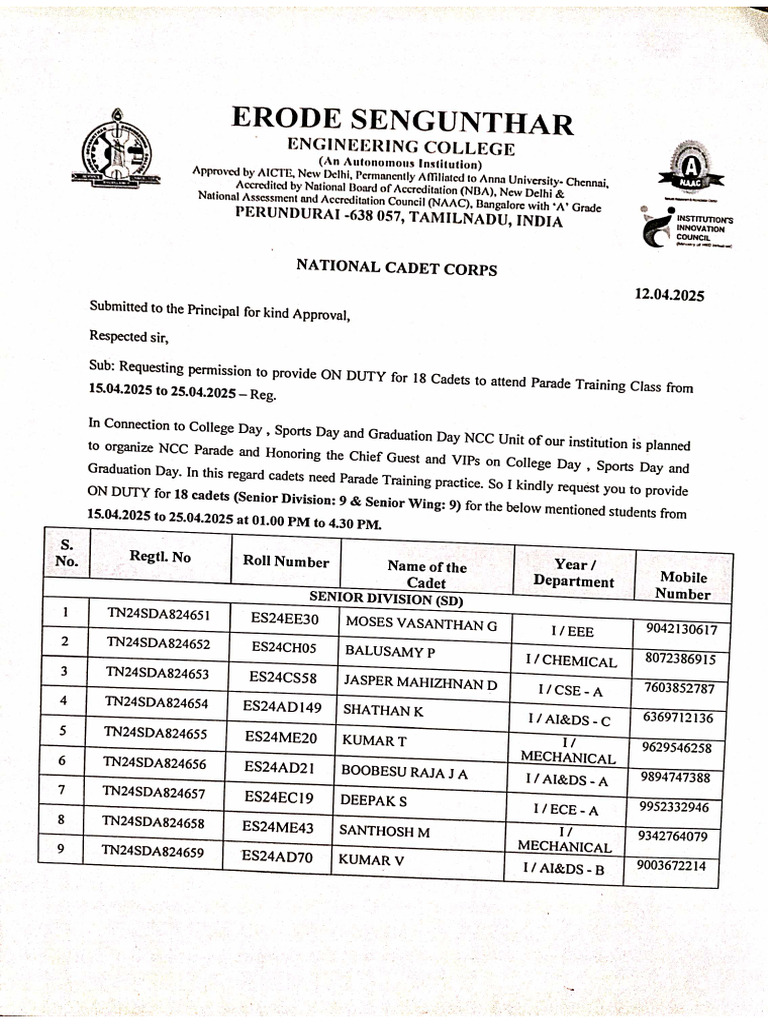 NCC Parade on Duty Letter 15.04.2025 to 25.04.2025 | PDF