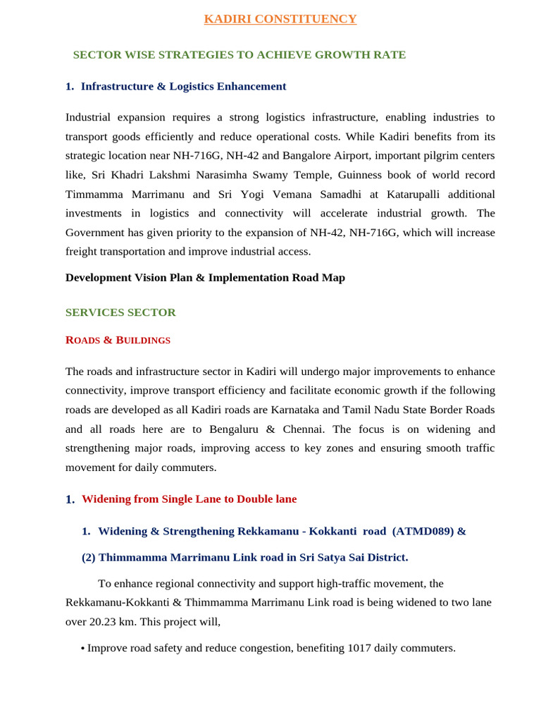 Kadiri Constituency Infrastructure Plans Pdf Transport Economies