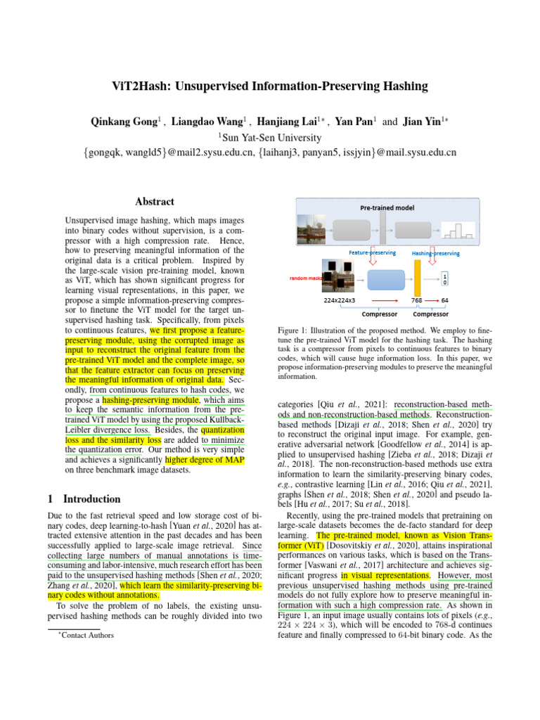 【ViT自定义多种损失，提取特征后压缩成二进制bit短哈希表征！！】ViT2Hash Unsupervised Information-Preserving Hashing | PDF ...