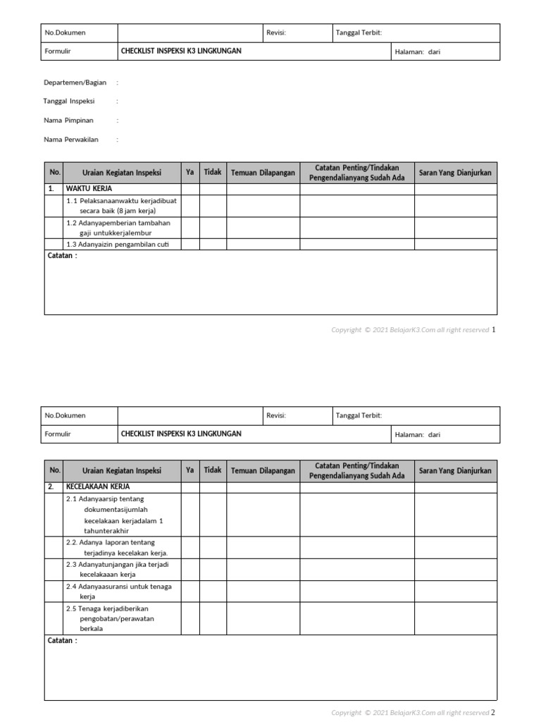 Checklist Inspeksi K3 Lingkungan | PDF