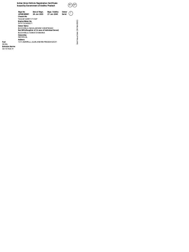 Vehicle Registration Certificate Details | PDF