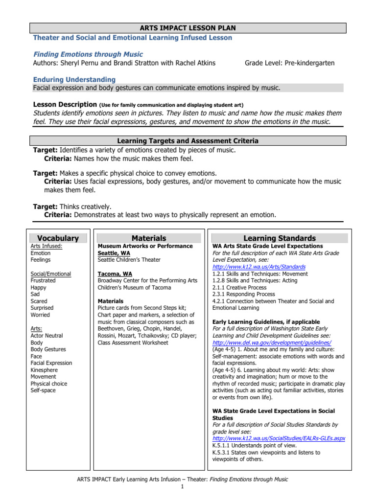 Emotions in Music: Pre-K Theater Lesson | PDF | Emotions | Facial ...