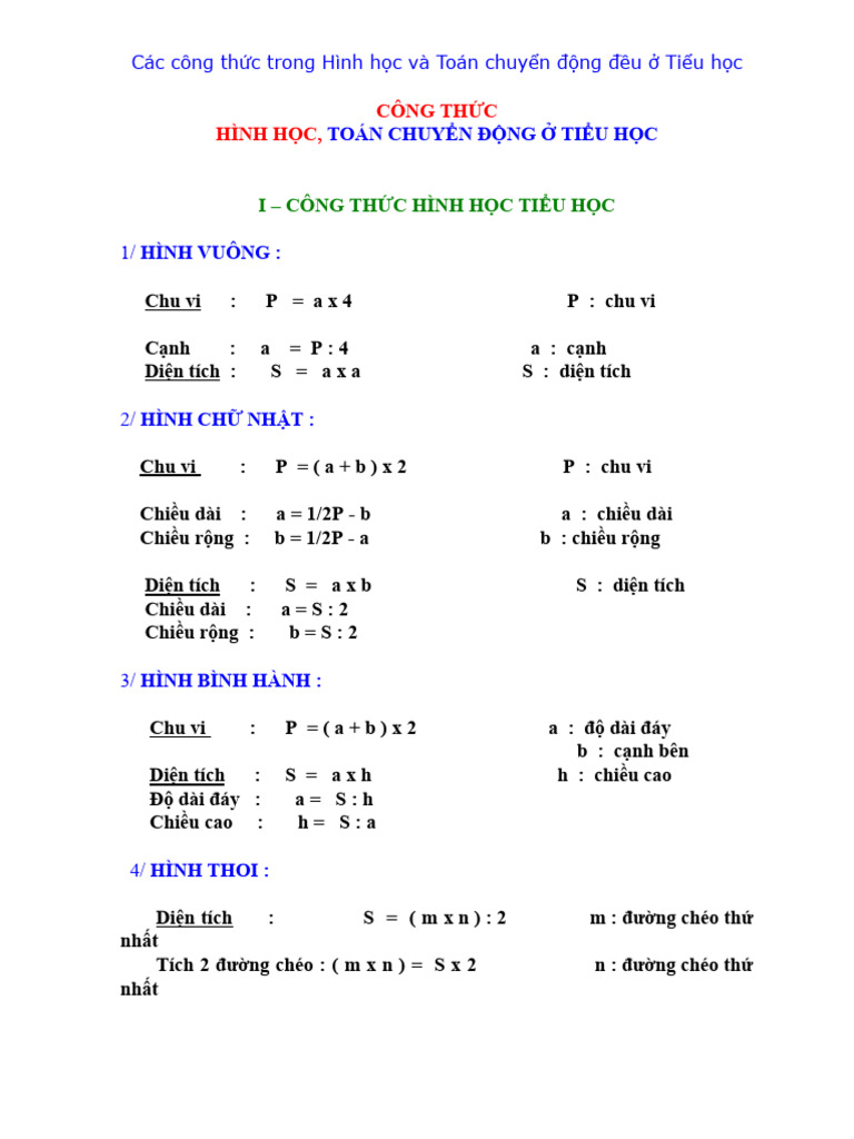 Tong hop Cong thuc Toan o Tieu hoc | PDF