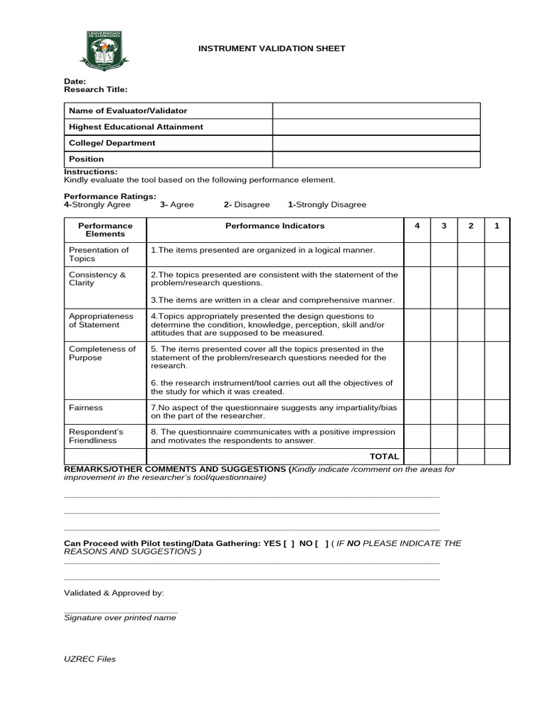 Instrument Validation Sheet 1 | PDF