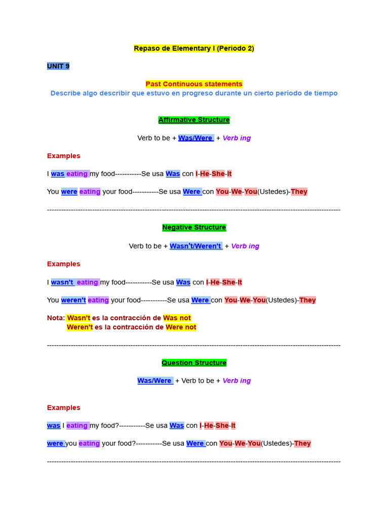 Repaso de Elementary I (Periodo 2) | PDF