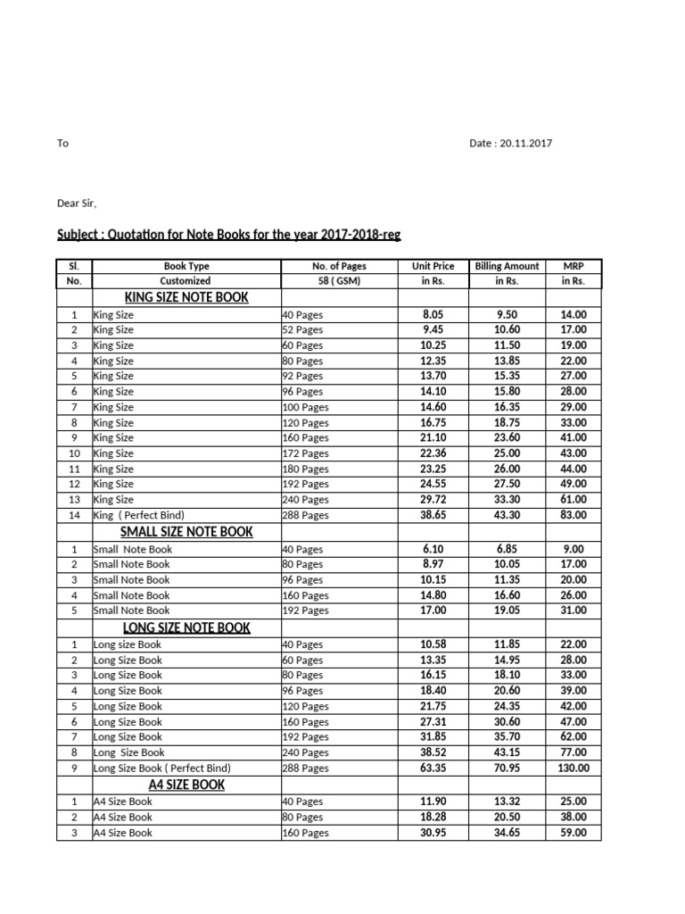 2017-2018 Notebook Quotation Details | PDF | Office Work | Wood Products