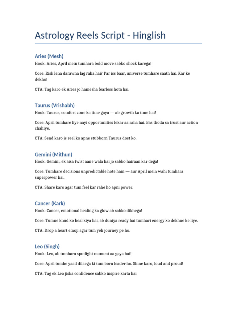 Astrology Reels Hinglish Scripts | PDF | Hindu Astrology | Esoteric Cosmology