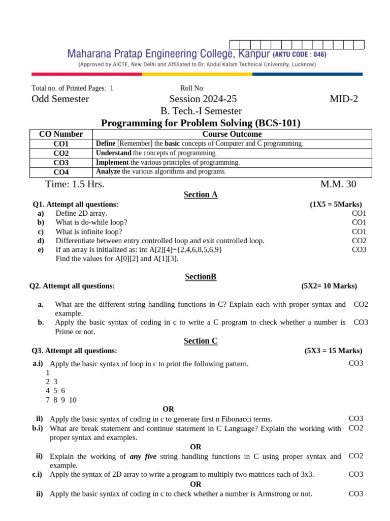 MID-2 Question Paper BCS 101 | PDF | Control Flow | Computer Programming