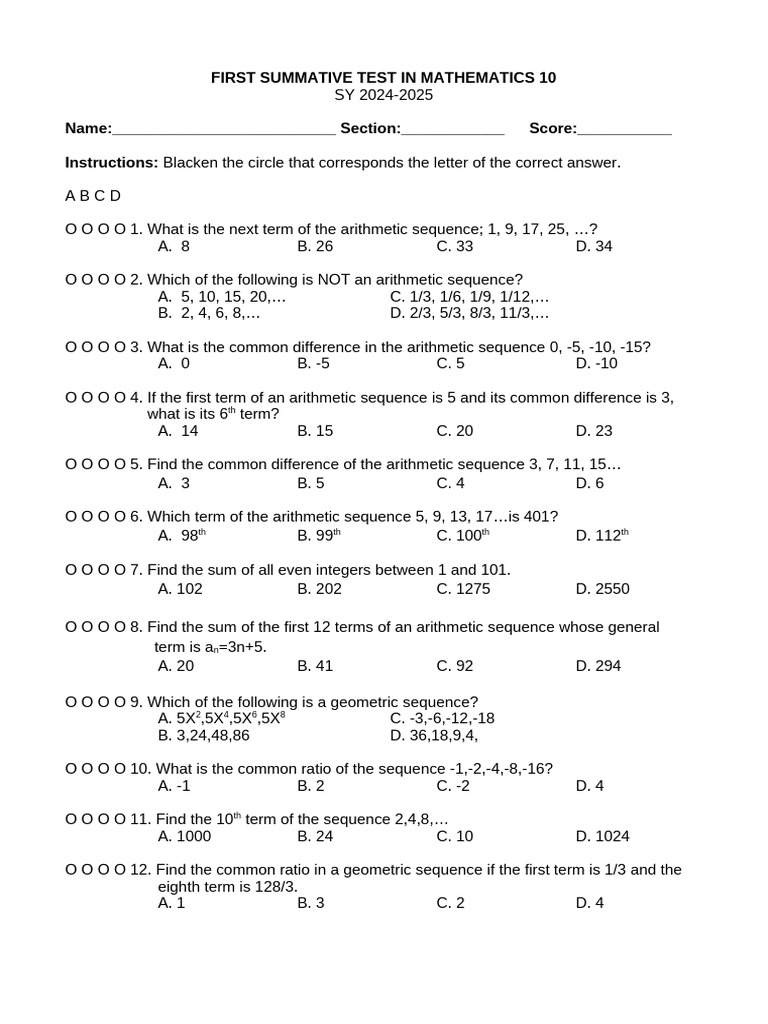 Math 10 First Summative Test 2024-2025 | PDF | Summation | Elementary ...