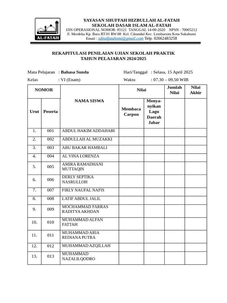 Rekap Nilai Ujian Praktek KELAS 6 2025 | PDF