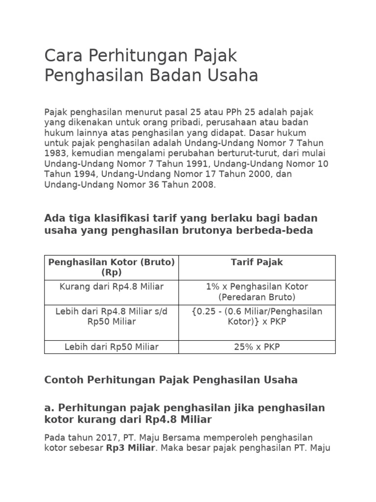 Cara Perhitungan Pajak Penghasilan Badan Usaha PPH 25 | PDF