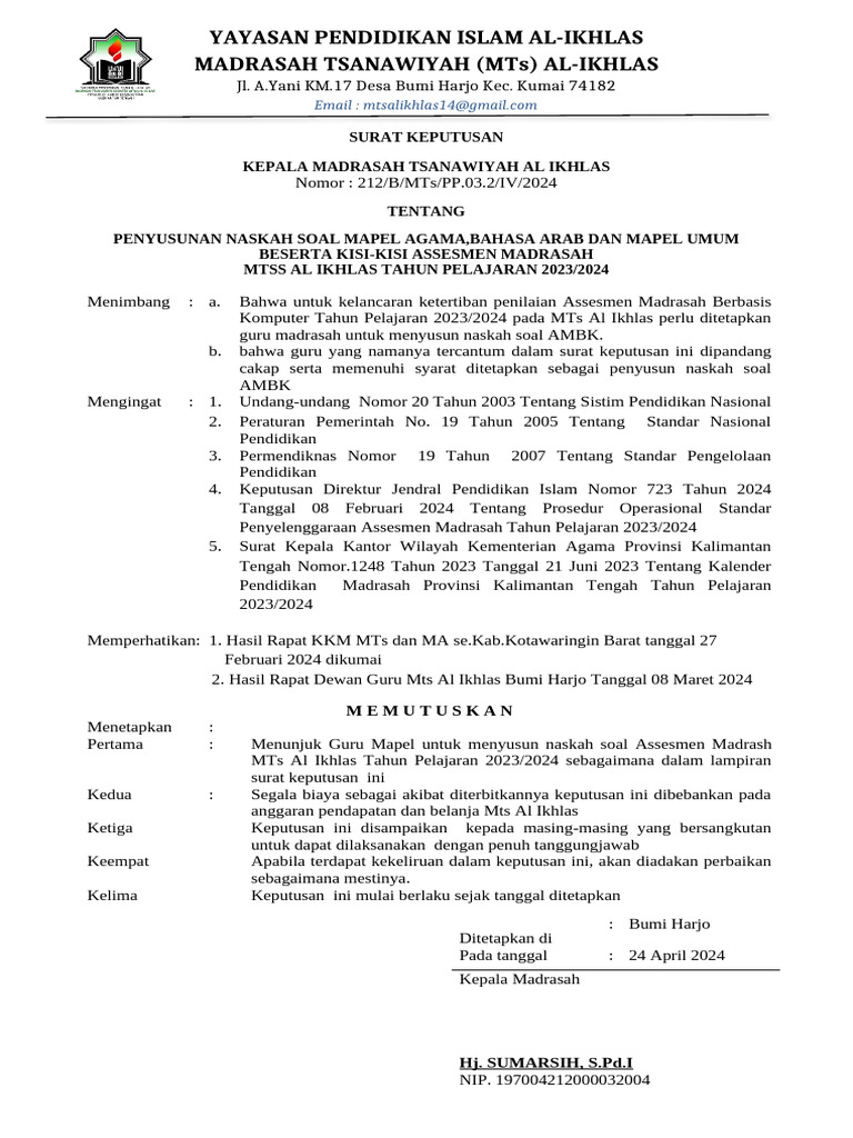 SK Tim Penyusunan Soal Dan Kisi Kisi | PDF