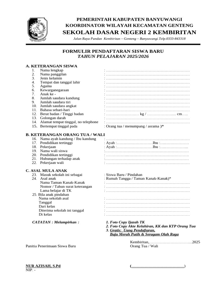 Formulir Pendaftaran Siswa Baru SD 2025 | PDF