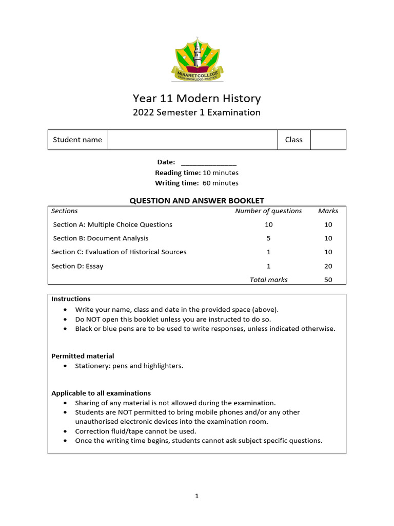 Year 11 Modern History Exam Guide | PDF | Adolf Hitler | Weimar Republic