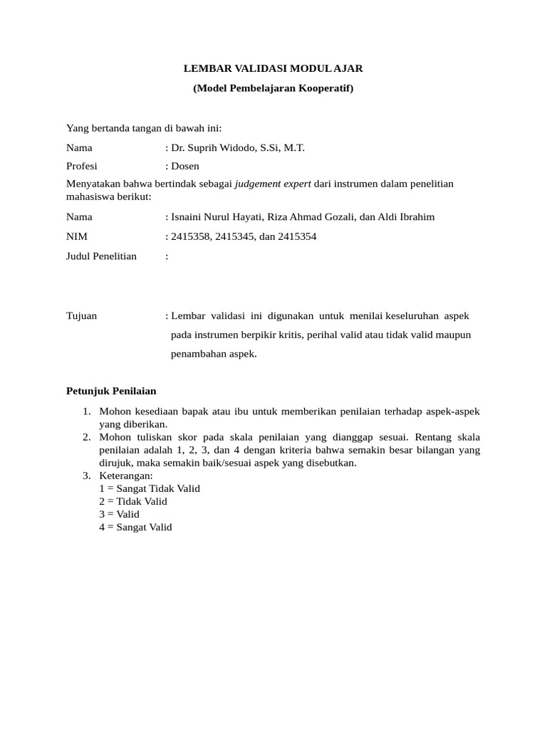 Lembar Validasi Modul Ajar Kooperatif | PDF