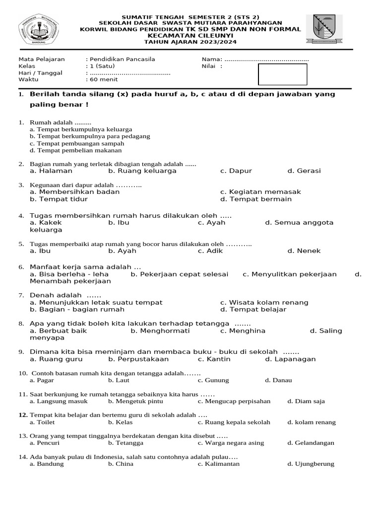 Soal STS 2 Pend Pancasila Kelas 1 | PDF