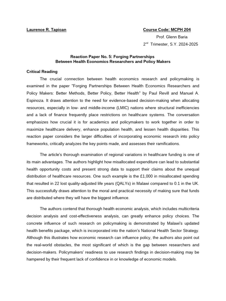 Reaction Paper No. 5 - LAURENCE R. TAPICAN | PDF | Policy | Economics