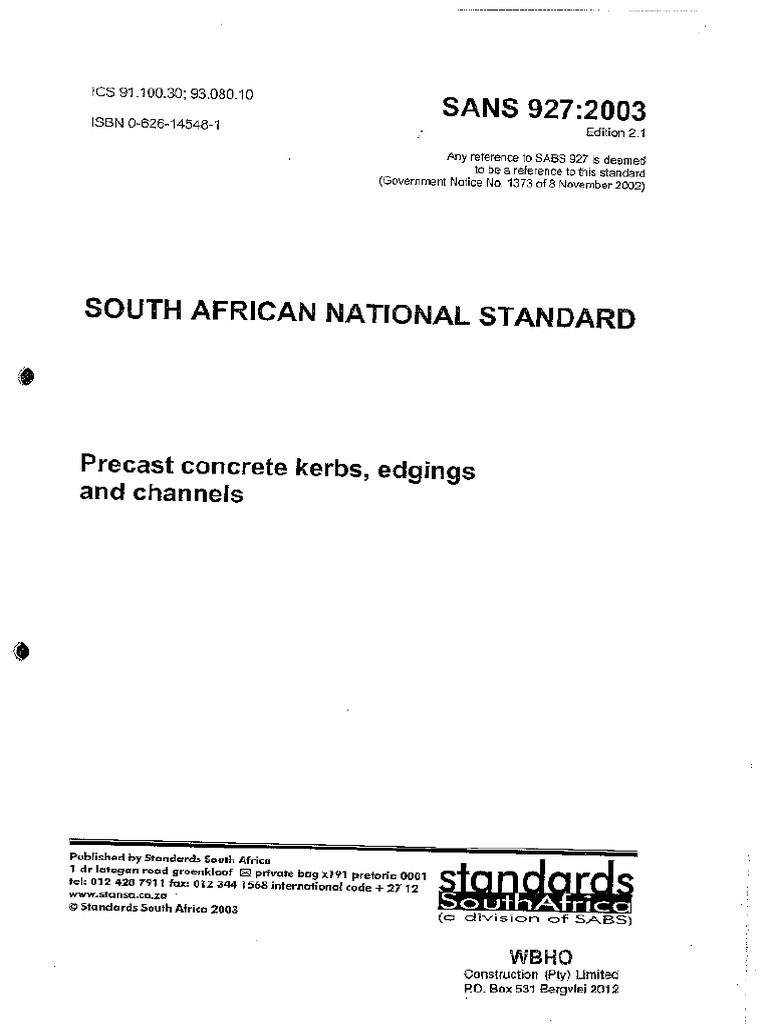 SANS 927 - 2003 - Precast Concrete Kerbs, Edgings and Channels | PDF