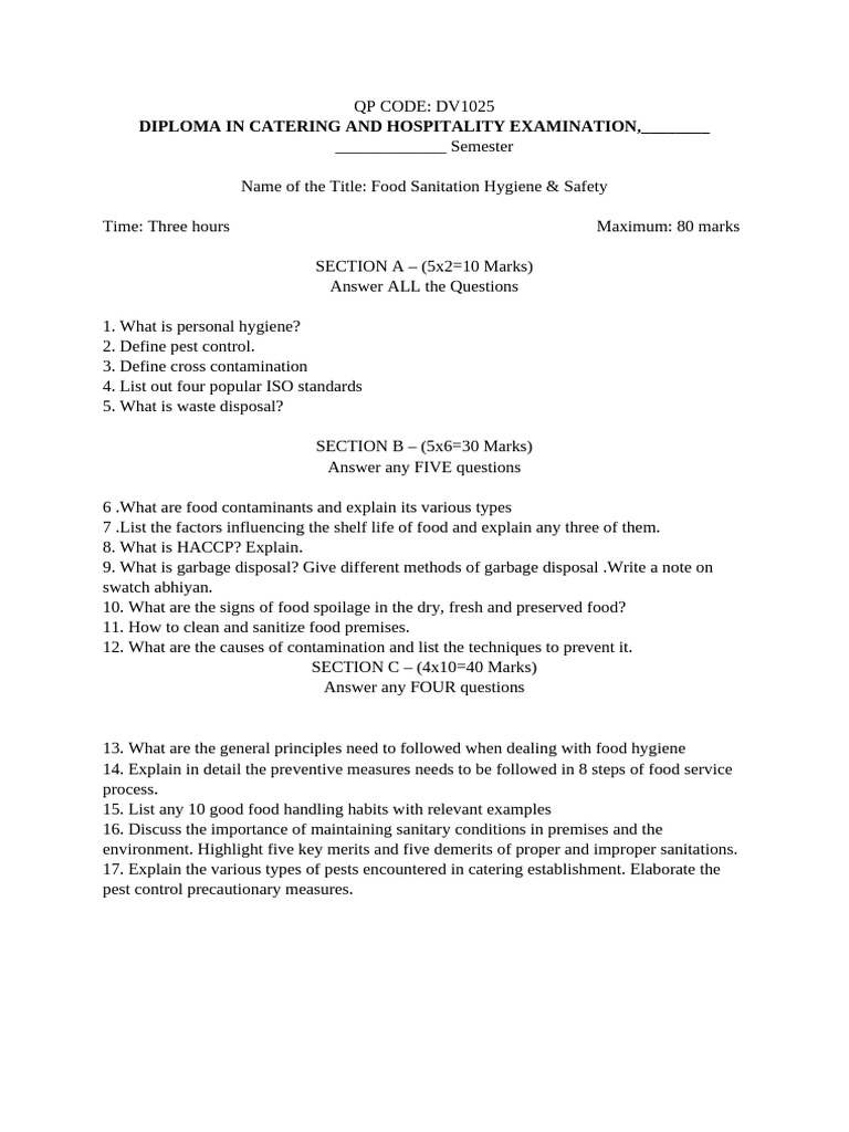 Food Sanitation Hygiene & Safety Exam Guide | PDF
