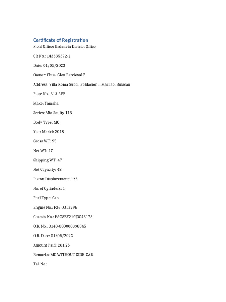 Motorcycle Registration Certificate Sample | PDF