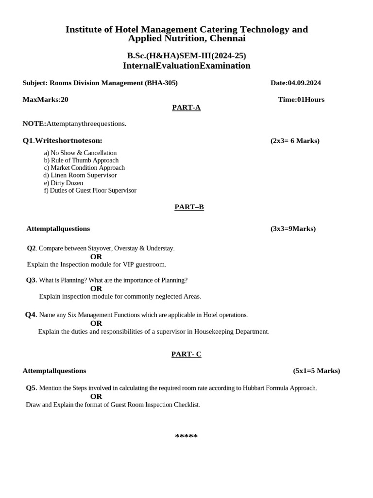 Rooms Division Management Exam Paper | PDF