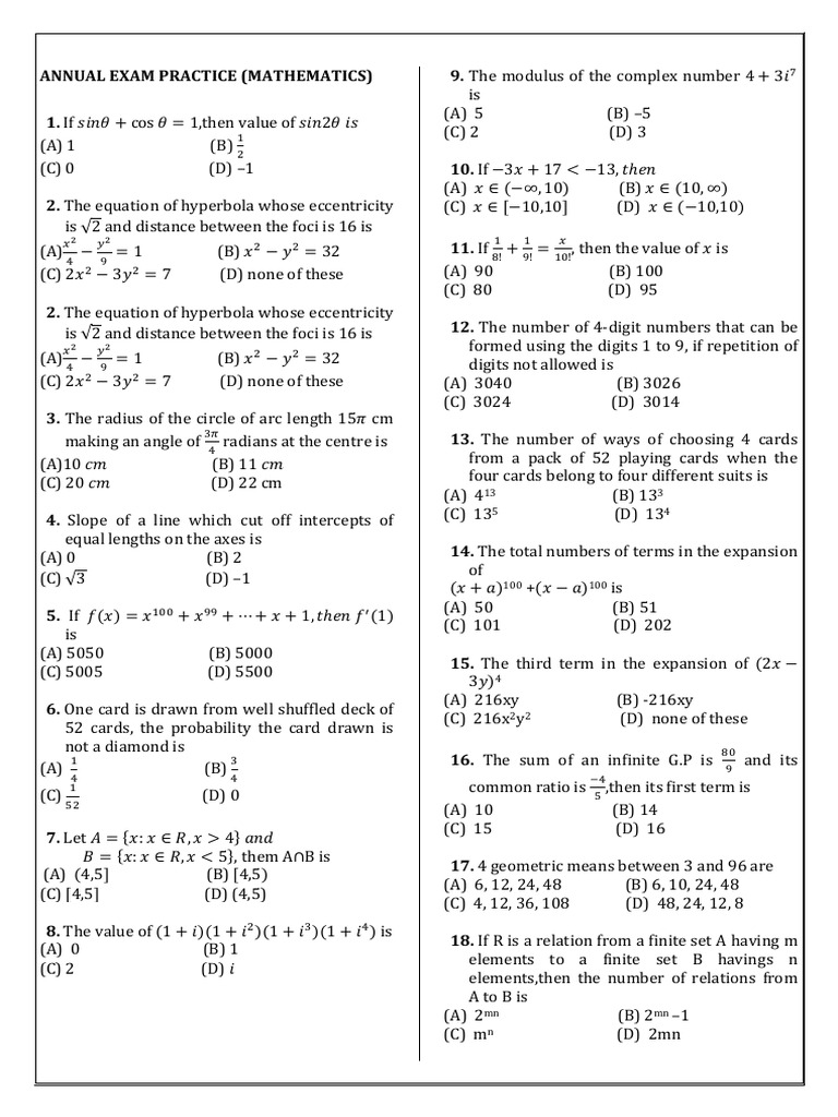 Mathematics Practice Exam Questions | PDF | Mathematical Objects | Numbers