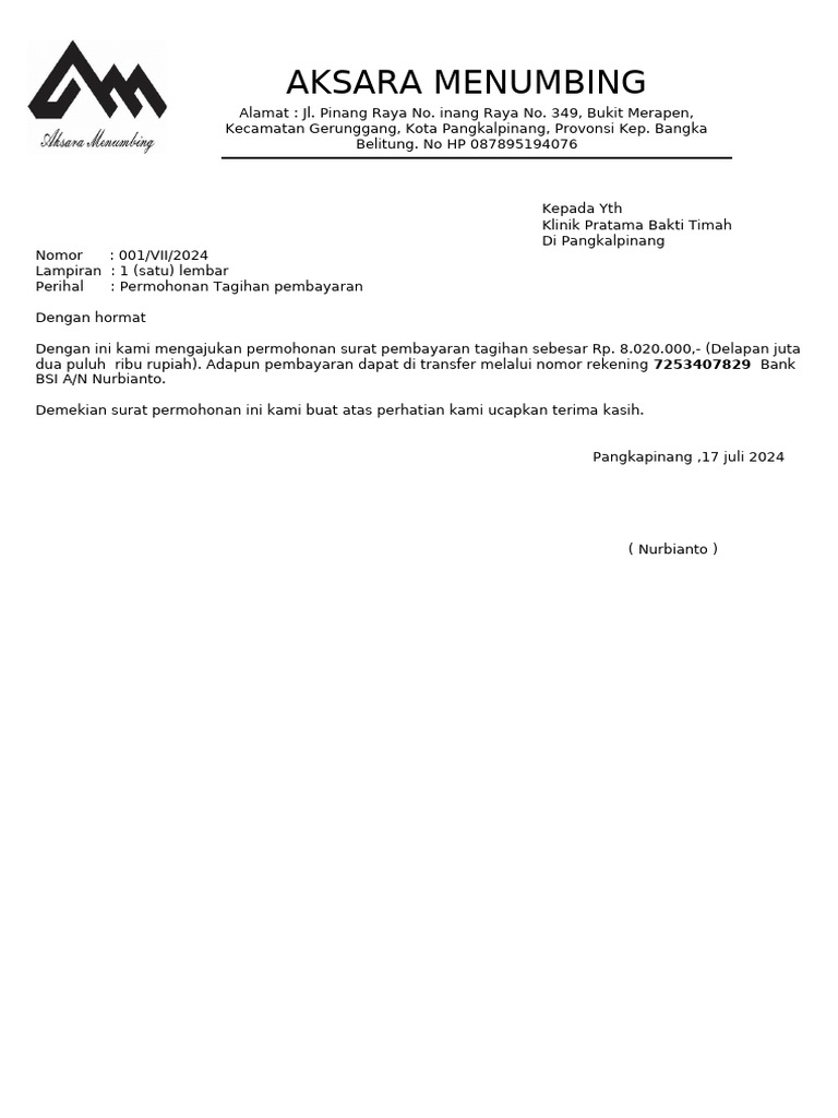 Surat Permohanan Tagihan | PDF