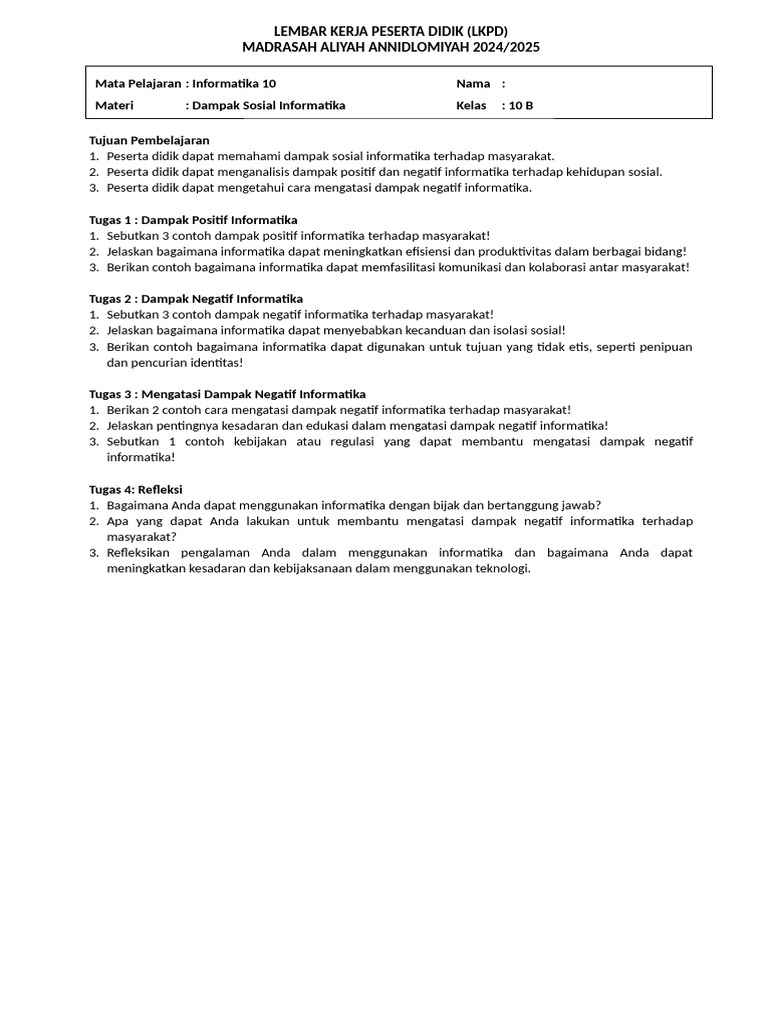 LKPD INFORMATIKA Dampak Sosial | PDF