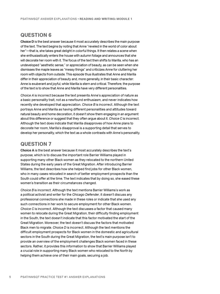 Psat NMSQT Practice Test 1 Answers 5 | PDF | Beauty | Cognition