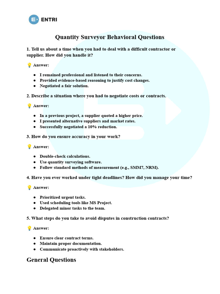 Quantity Surveyor Behavioral Questions | PDF
