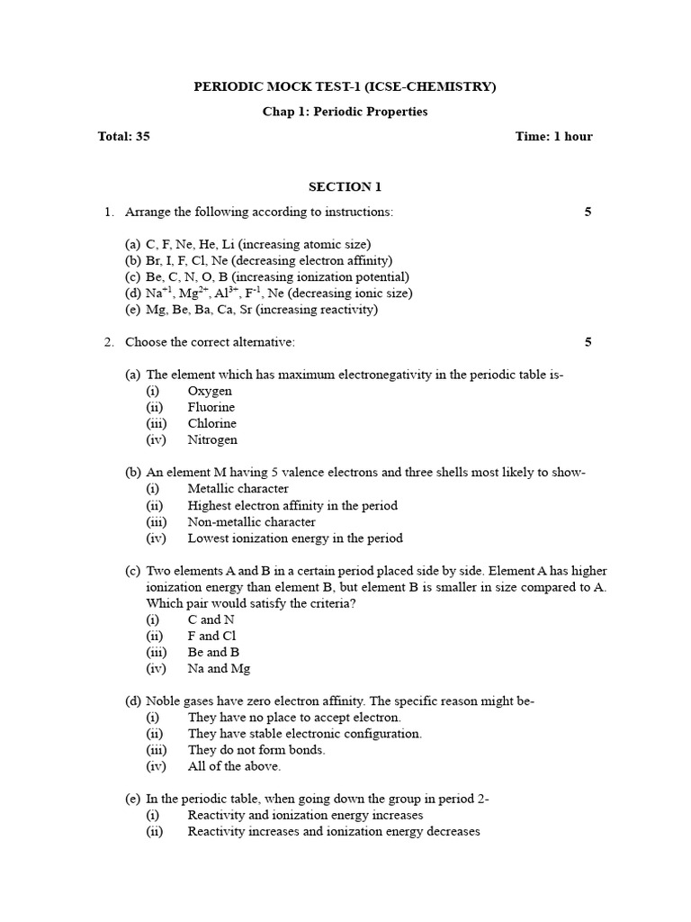 Class 10 Periodic Properties Mock Test | PDF | Periodic Table | Chlorine