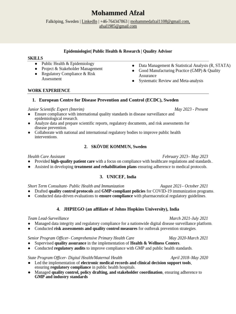 Mohammed Afzal - CV - Quality | PDF | Public Health | Health Care