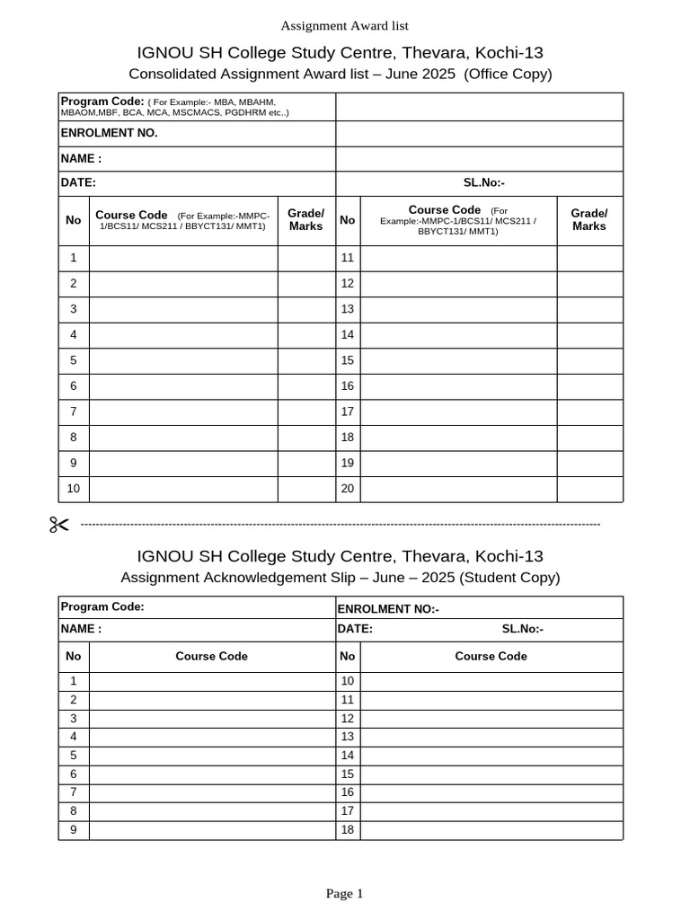 IGNOU - Assignment Slip - Consolidated Award List & Acknowledgement ...