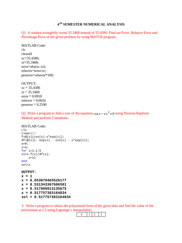 MATLAB Code 4th Sem Numerical Analysis | PDF | Numerical Analysis ...