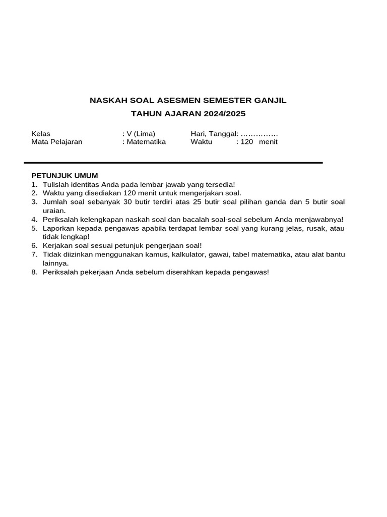 Naskah Soal Psas Ganjil MTK KLS V 2024-2025 | PDF