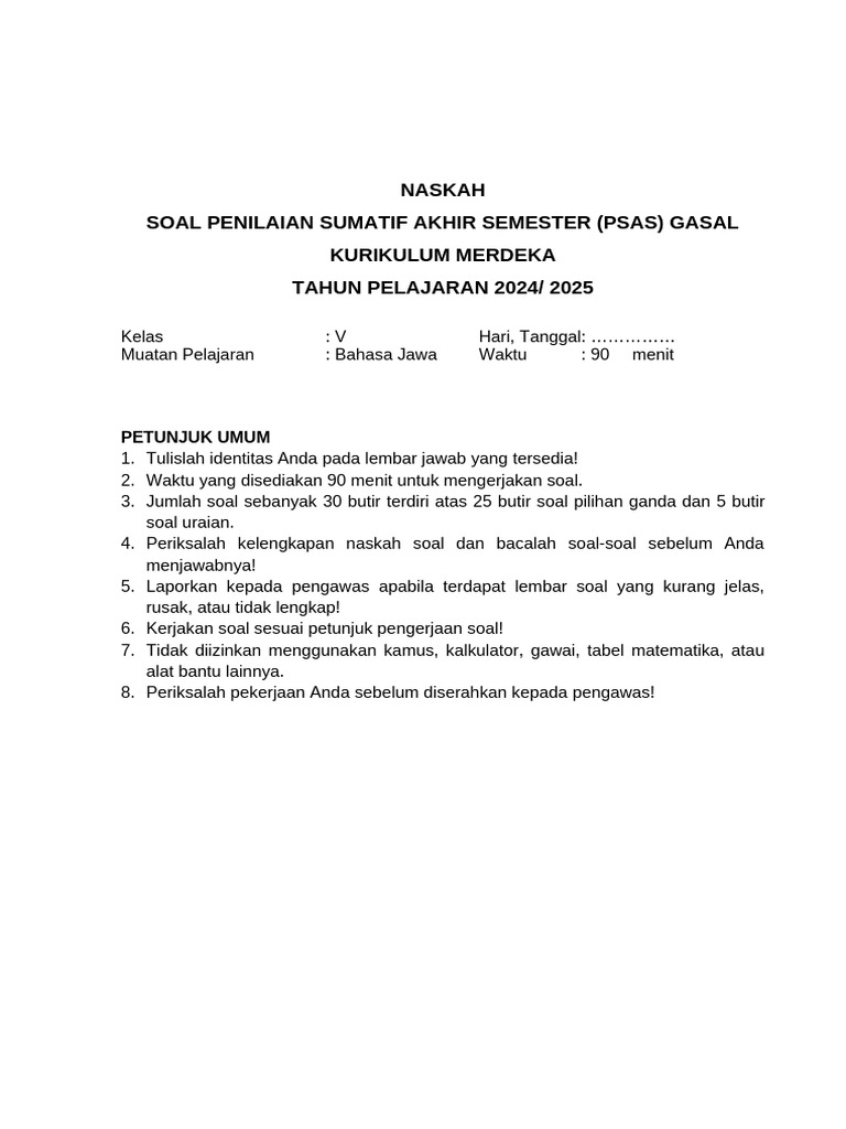 Naskah Soal Psas B Jawa Kelas 5 2425 | PDF