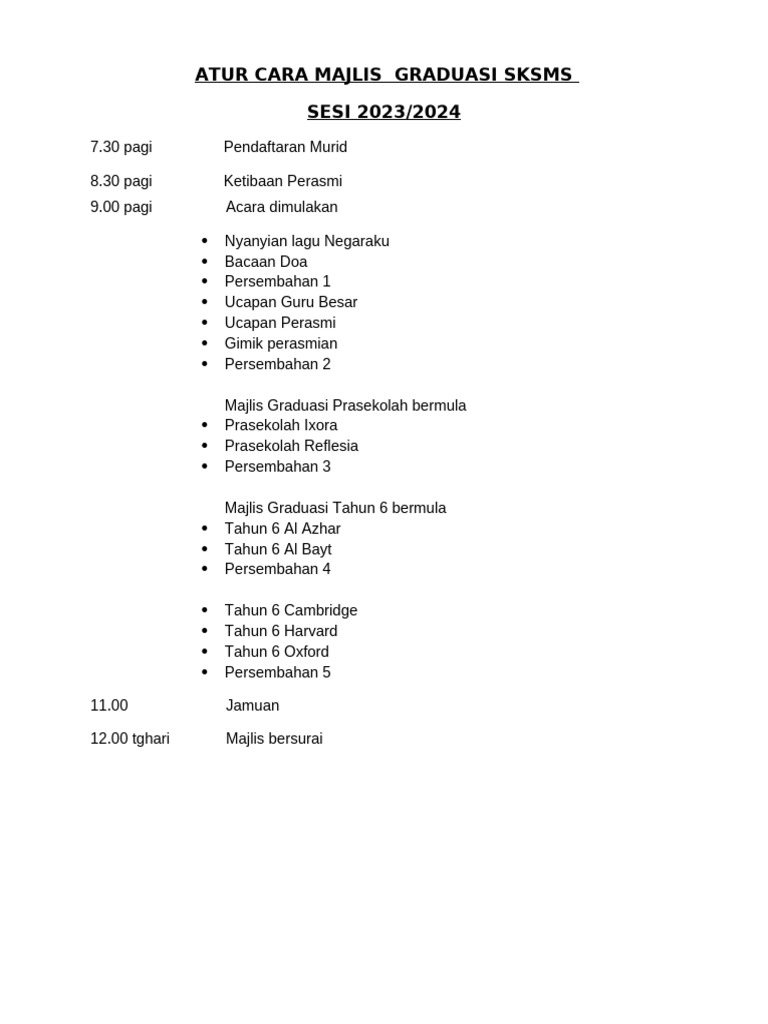 Aturcara Majlis Graduasi Tahun 6 2024 | PDF
