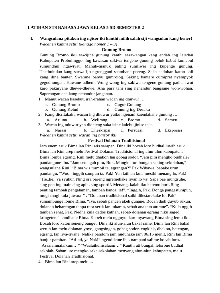 Latihan STS Bahasa Jawa Kelas 5 SD Semester 2 | PDF