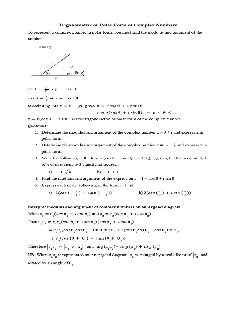 Trigonometric or Polar Form of Complex Numbers | PDF | Complex Number ...