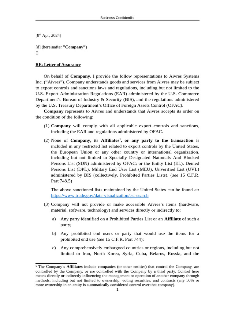 Letter of Assurance for Export Compliance | PDF | Office Of Foreign ...