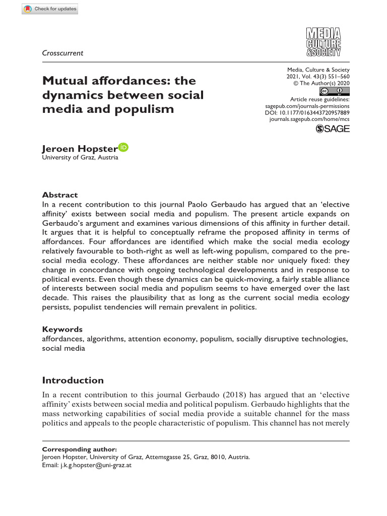 Hopster 2020 Mutual Affordances The Dynamics Between Social Media and Populism | PDF | Populism ...