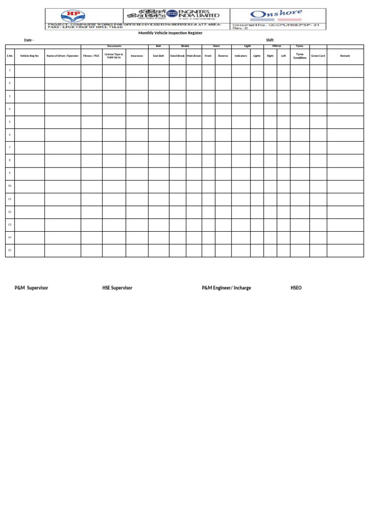 OCCPL-HSE - F - 26 Monthly Vehicle Inspection Register | PDF