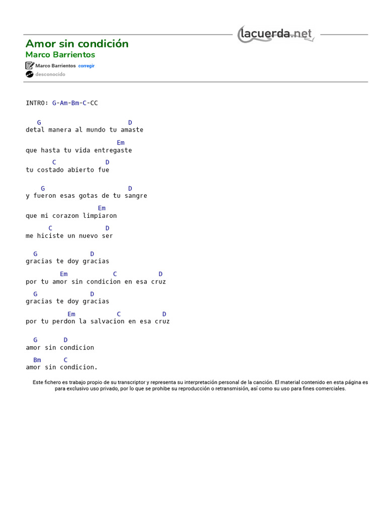 AMOR SIN CONDICION, Marco Barrientos - Acordes | PDF
