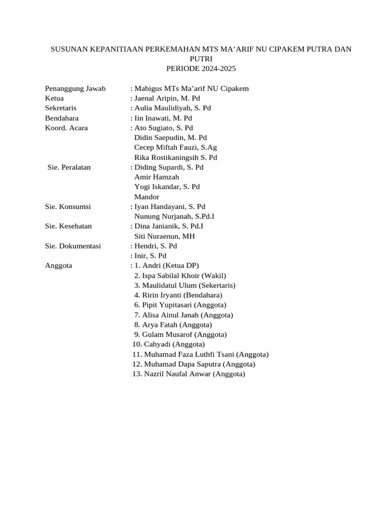 Susunan Kepanitiaan Kemah Pramuka 2024-2025 | PDF