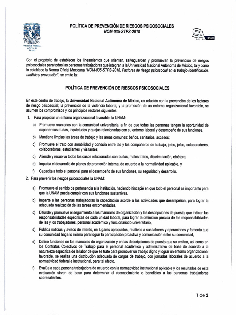 Política de Prevención de Riesgos Psicosociales NOM-035-STPS-2018 | PDF